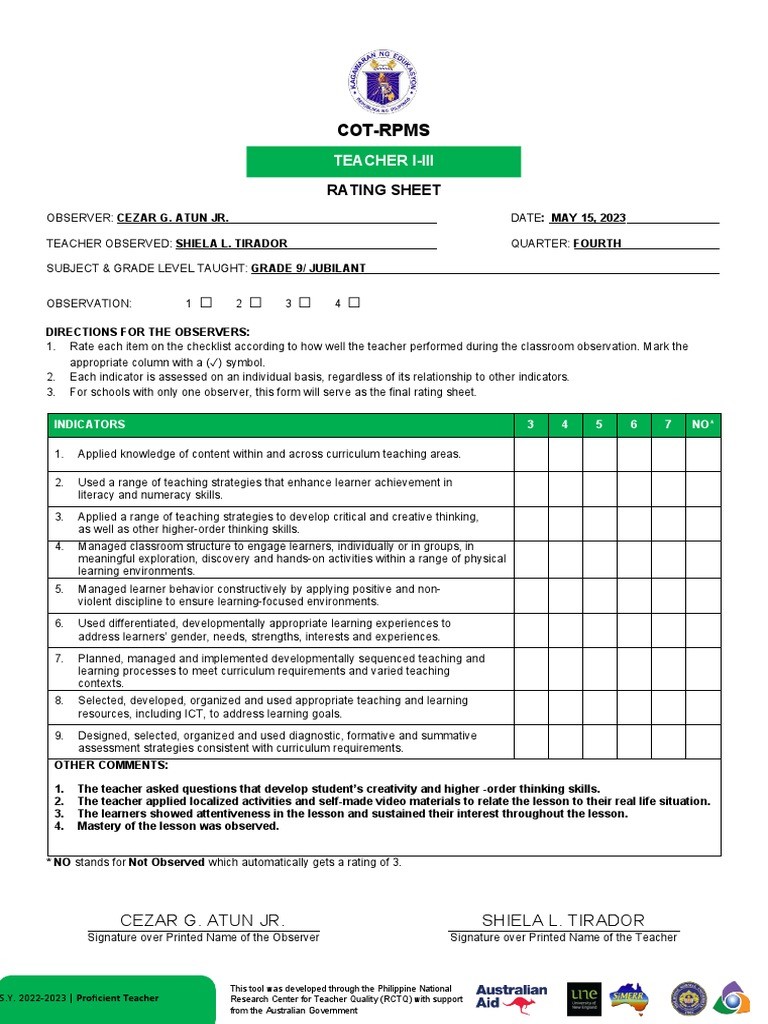Cot 1 | PDF | Teachers | Learning