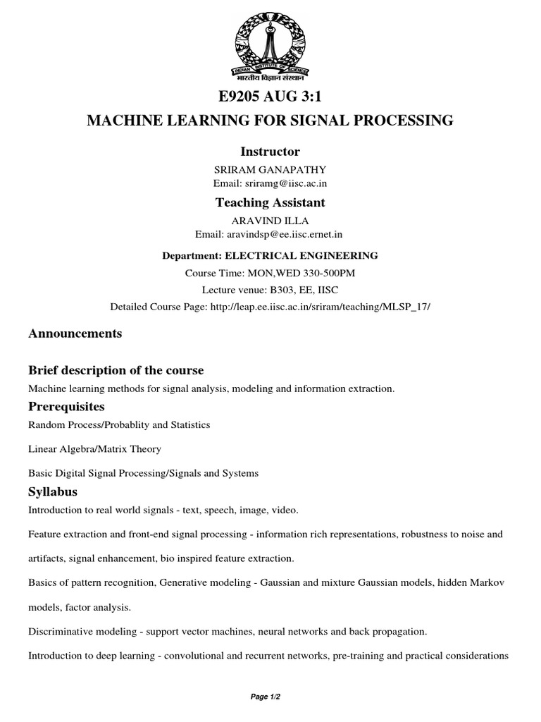 E9205 AUG 3:1 Machine Learning For Signal Processing: Instructor | PDF