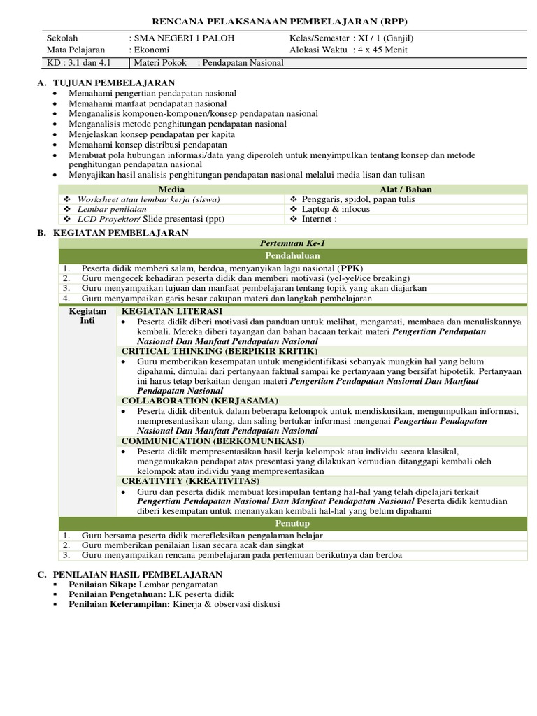 RPP I Ekonomi Kelas 11 SEM 1 | PDF