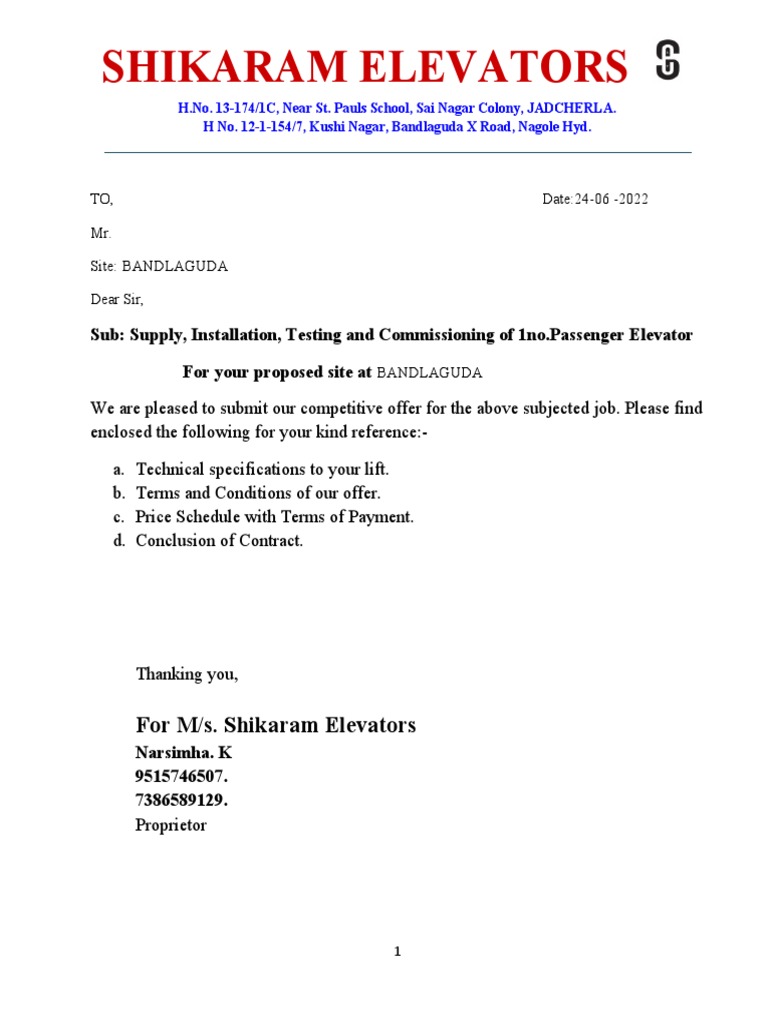 Bandlaguda Passenger Elevator Installation Proposal | PDF
