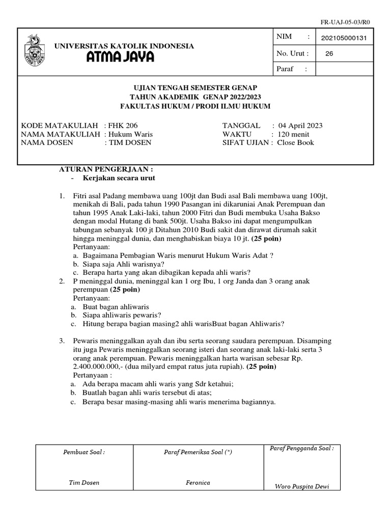 Draf Soal UTS Huk Waris 2023 Final | PDF