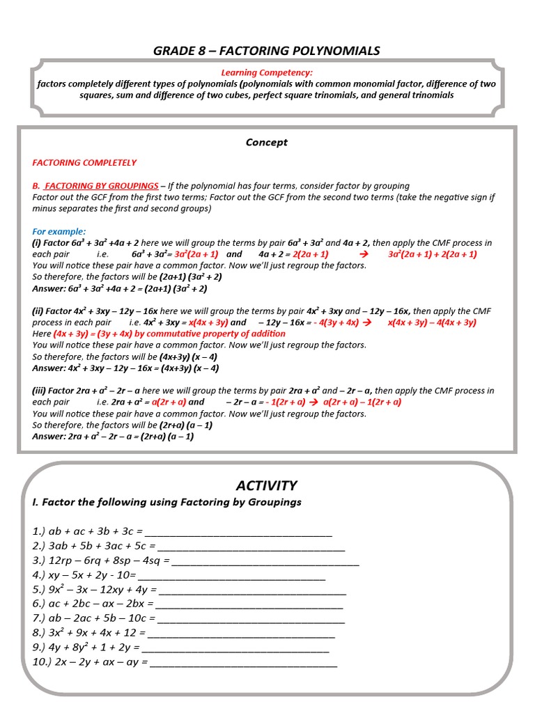 G8 Q1 Factoring Polynomials 1.3 | PDF | Factorization | Arithmetic