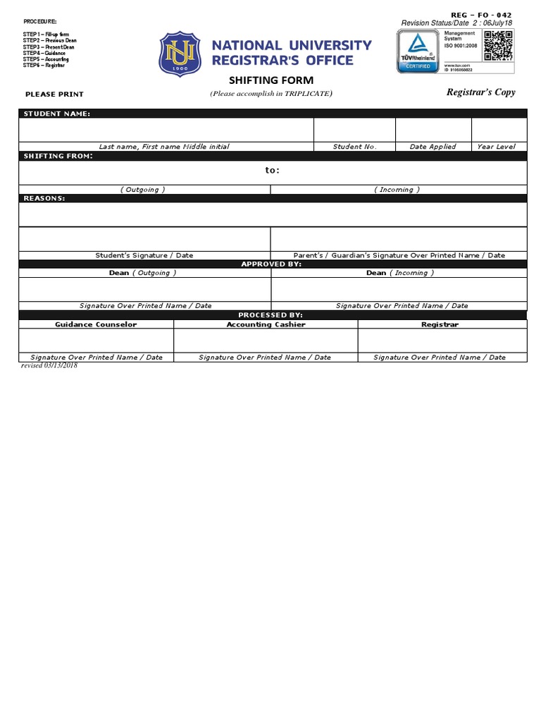 REG-FO-042 - Shifting Form | PDF