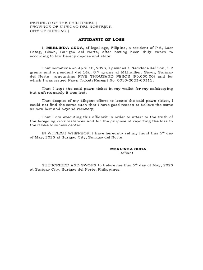 Affidavit of Loss Pawn Ticket | PDF | Affidavit | Legal Procedure