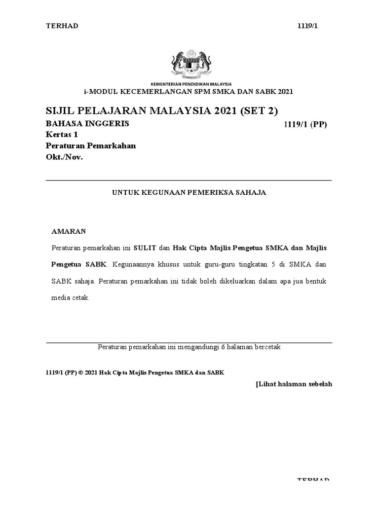 Skema Bahasa Inggeris K1 SMKA SABK SET 2 2022 | PDF