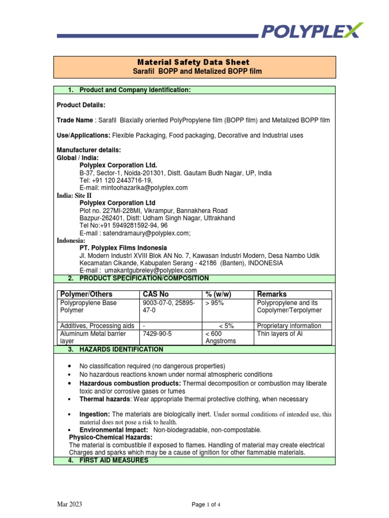 MSDS BOPP Film | PDF