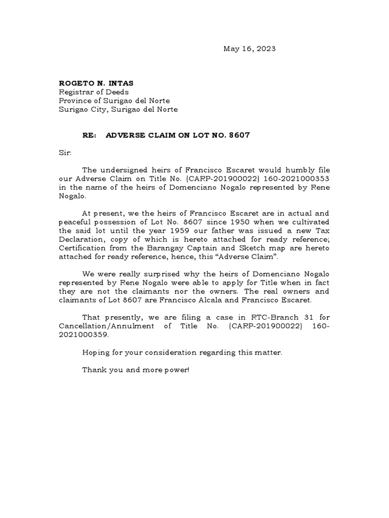 Adverse Claim on Lot No. 8607 | PDF