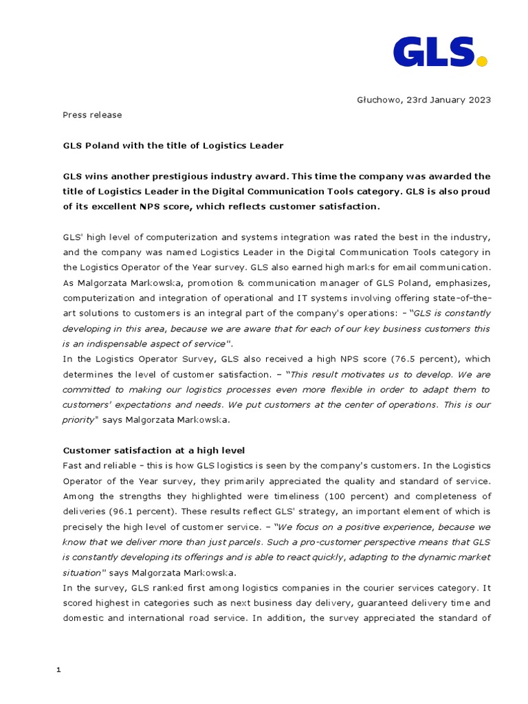GLS Poland Z Tytuem Lidera Logistyki ENG | PDF | Logistics | Customer Satisfaction