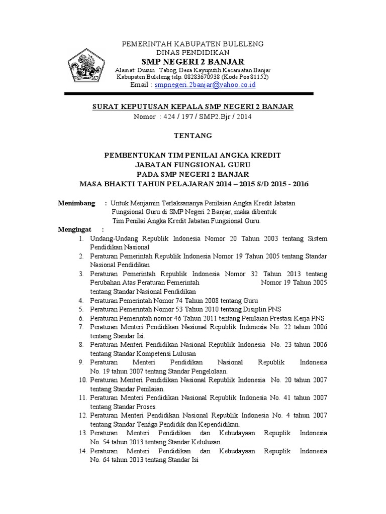 Sk Tim Penilai Angka Kredit Jabatan Fungsional Guru 2014-2015 | PDF