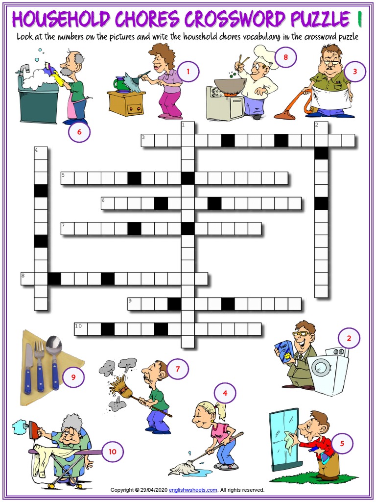 household chores vocabulary esl crossword puzzle worksheet for kids ...