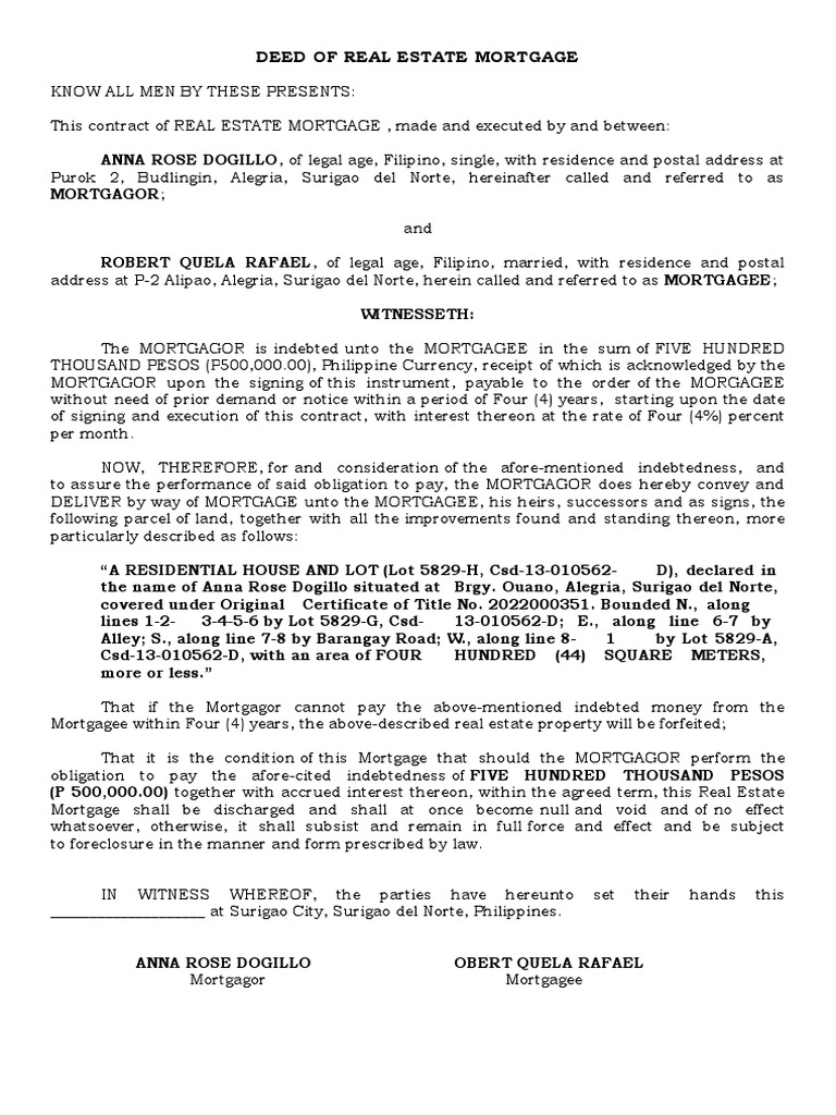 Deed of Real Estate of Mortgage | PDF | Mortgage Law | Property Law
