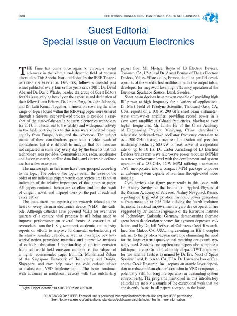 Guest Editorial Special Issue On Vacuum Electronics Pdf Microwave Extremely High Frequency