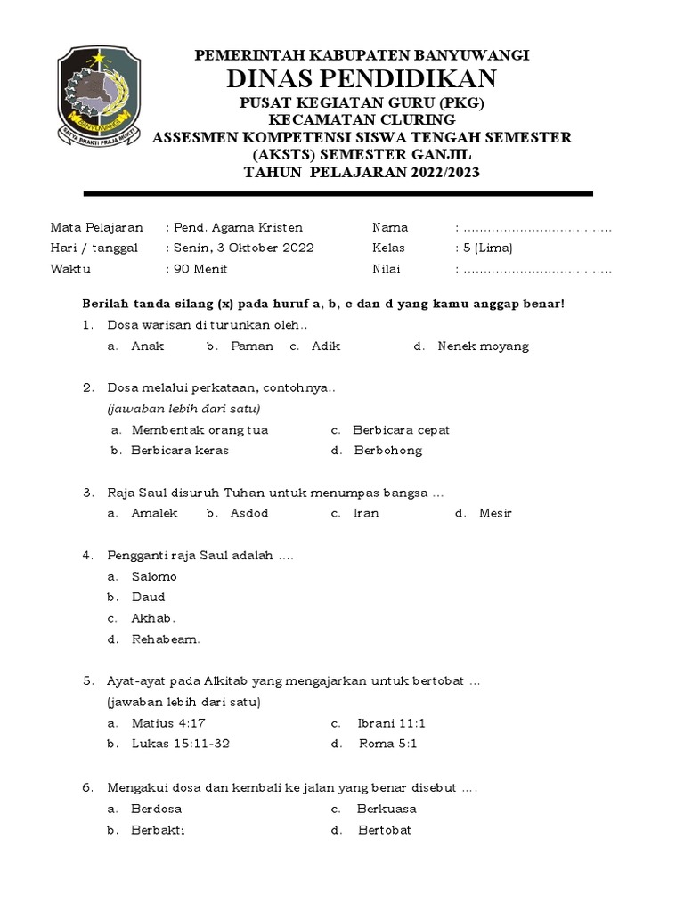 Soal AKSTS Pendidikan Agama Kristen Kelas 5 | PDF