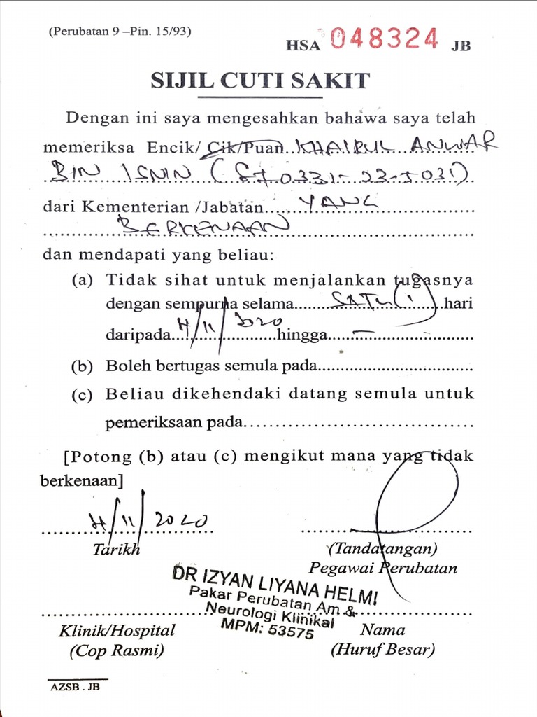 20221104 Sijil Cuti Sakit Hsa | PDF