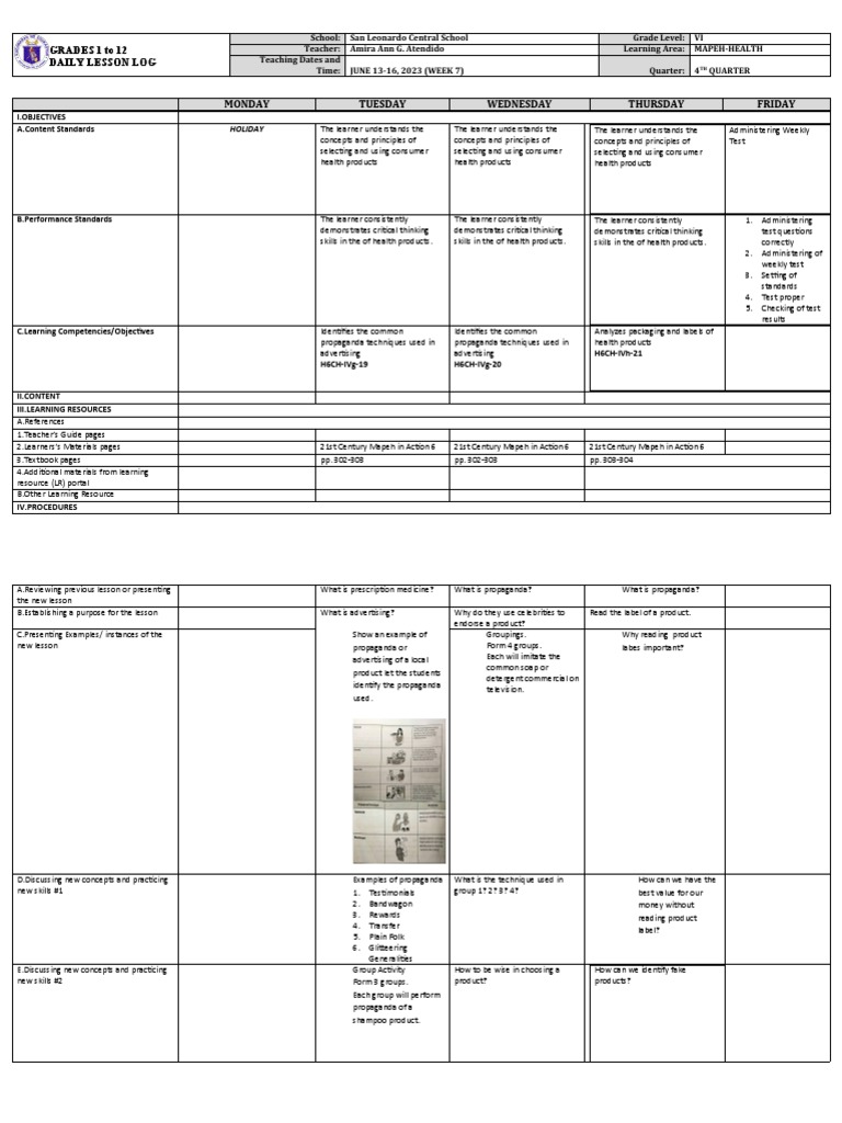 DLL - Mapeh 6 - Q4 - W7 | PDF | Critical Thinking | Learning