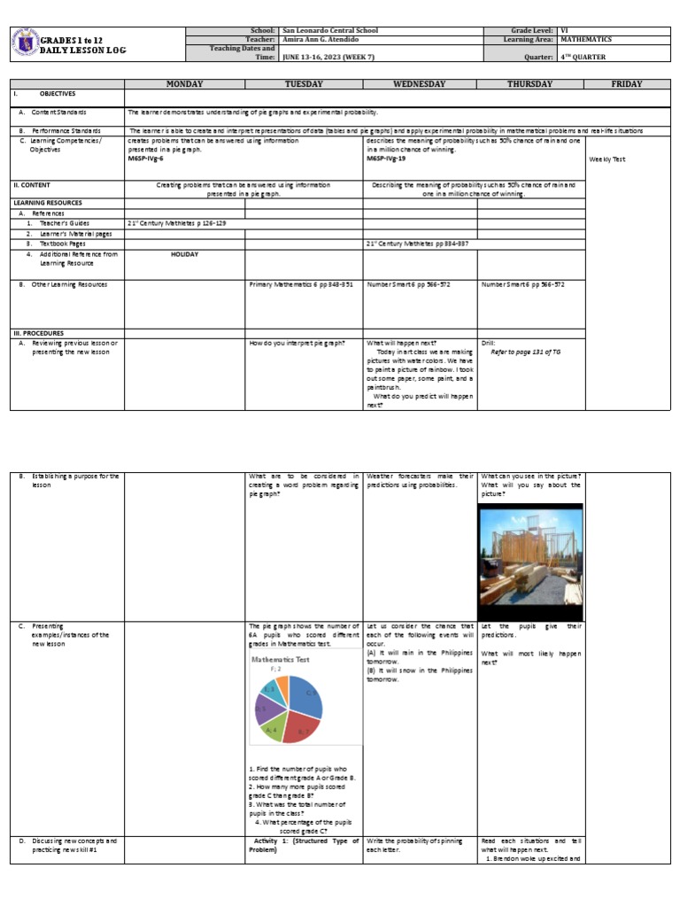 DLL - Mathematics 6 - Q4 - W7 | PDF | Learning | Mathematics