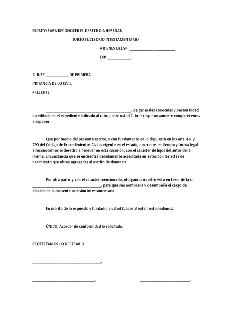 Escrito para Reconocer El Derecho A Heredar | PDF
