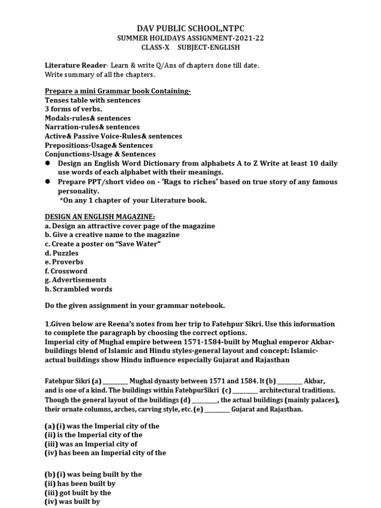 Assignment Class X | PDF | Books | Linguistics