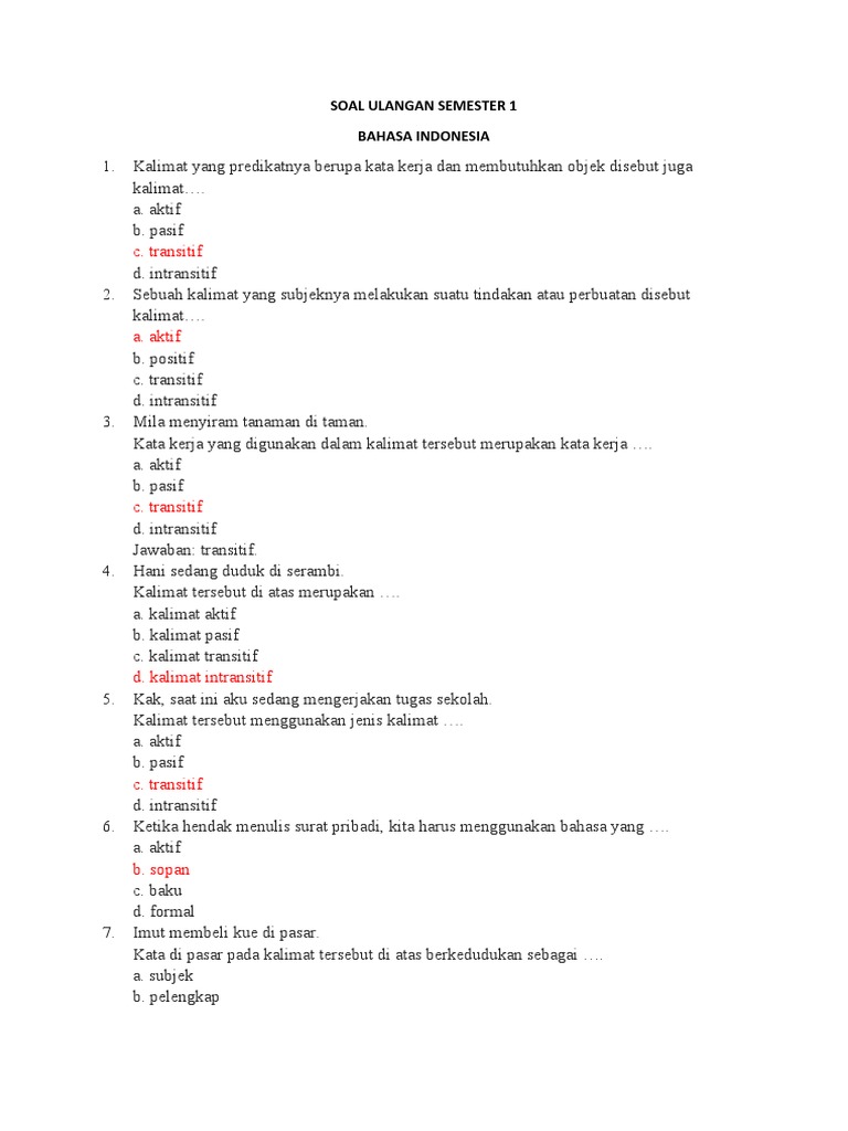 Soal Ulangan Semester 1 Bahasa Indonesia | PDF