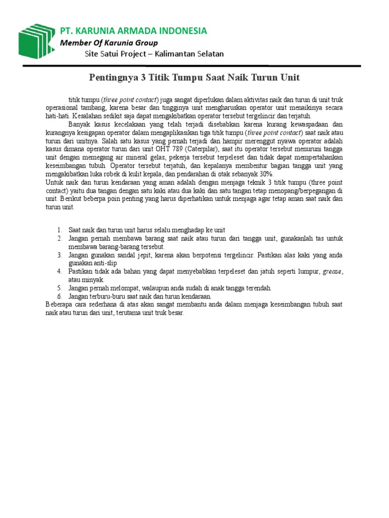Pentingnya 3 Titik Tumpu Naik Turun Unit | PDF | Teknologi & Rekayasa