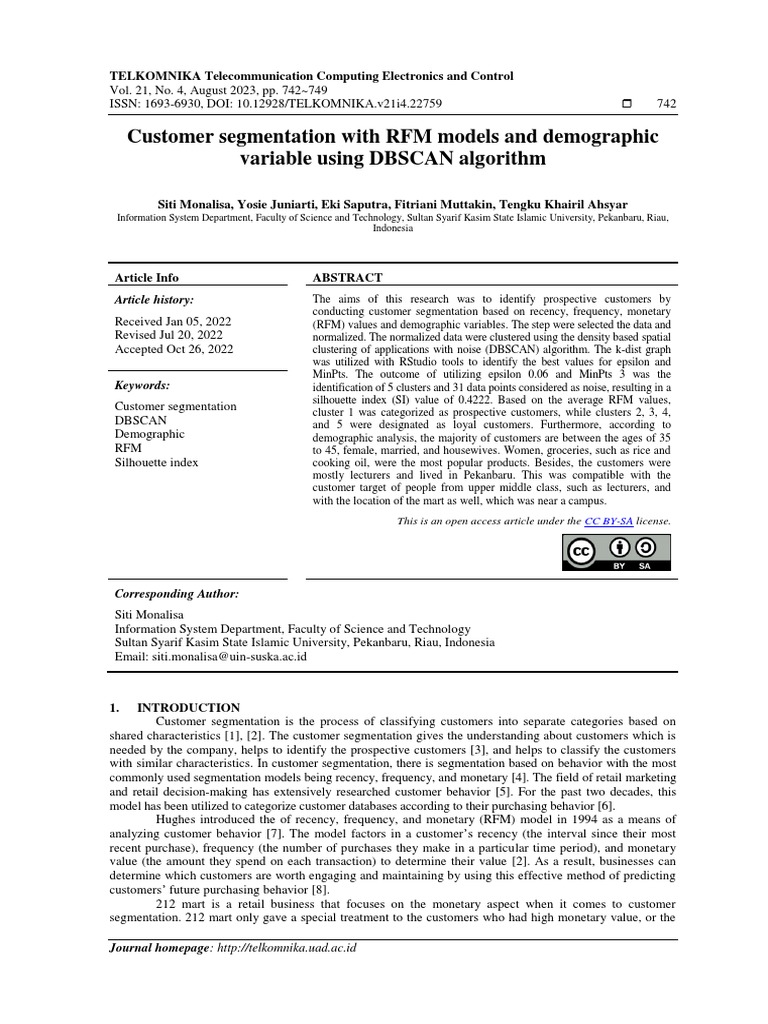 Customer Segmentation With RFM Models and Demographic Variable Using DBSCAN Algorithm | PDF ...