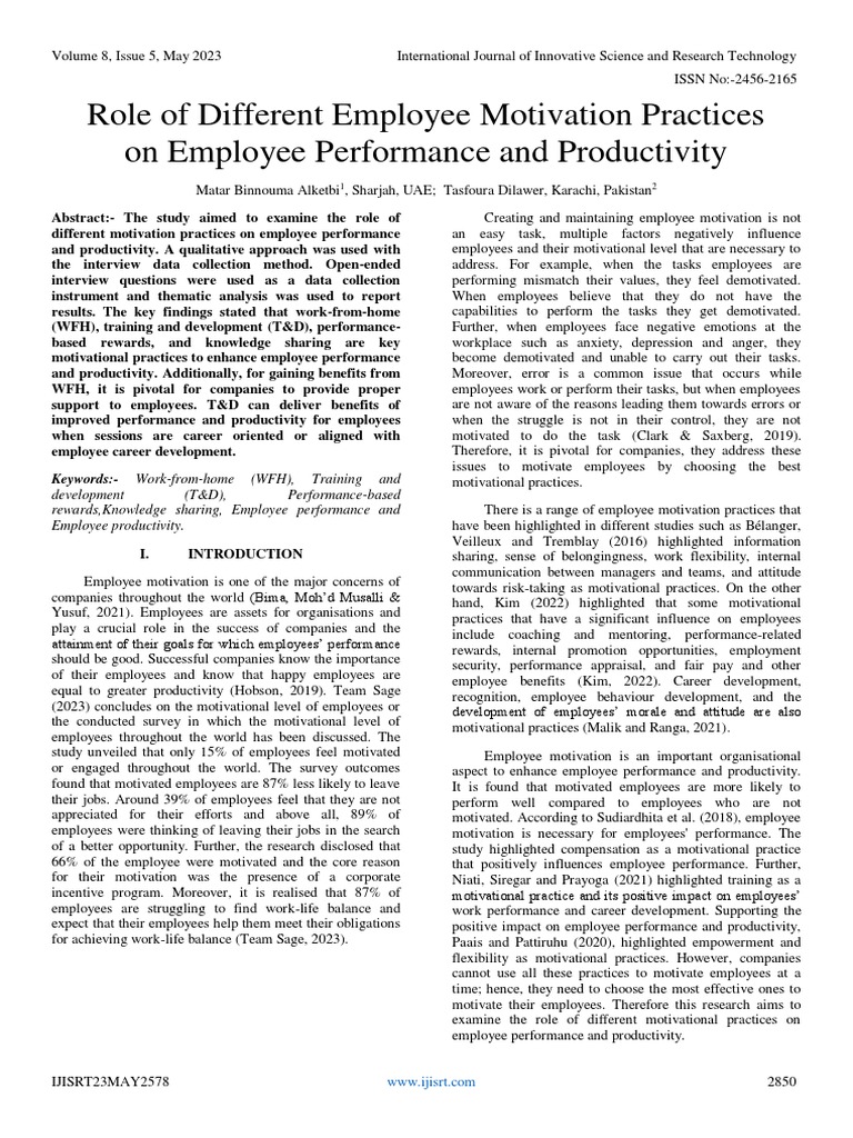 Role of Different Employee Motivation Practices On Employee Performance and Productivity | PDF ...