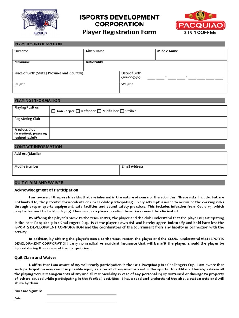 ISports Player Registration Form | PDF | Indemnity | Birth Certificate