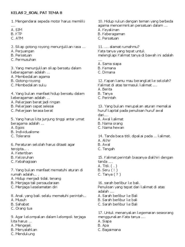 KELAS 2 - SOAL PAT TEMA 8 9senin, 5 Juni 2023) | PDF