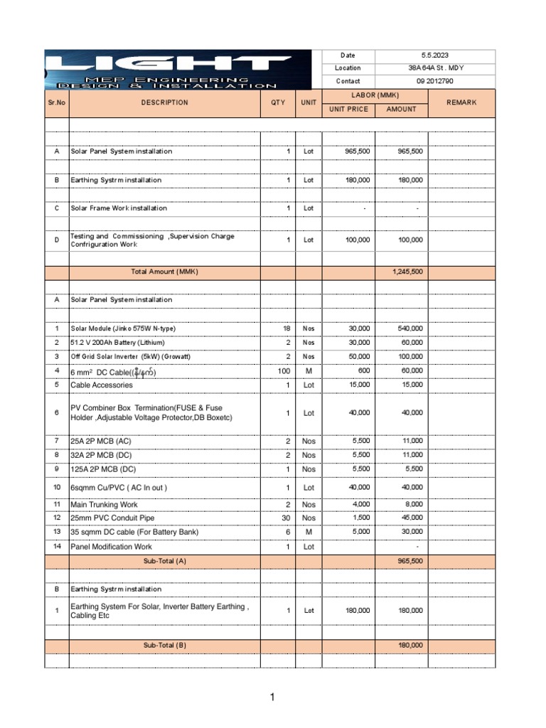 Solar Installation Invoice | PDF | Solar Panel | Solar Power