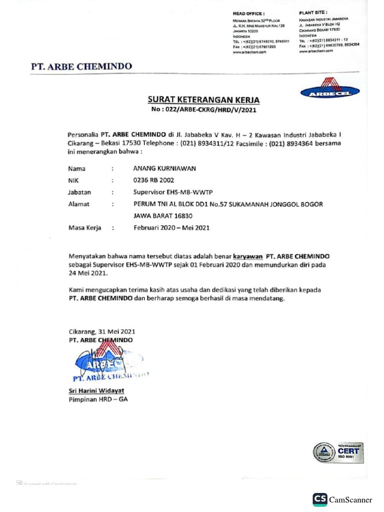 Paklaring (PT. Arbe Chemindo) | PDF