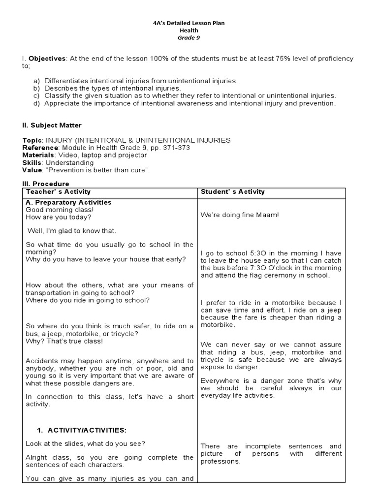 Grade 9 Lesson Plan on Intentional Injuries | PDF | Bullying | Injury