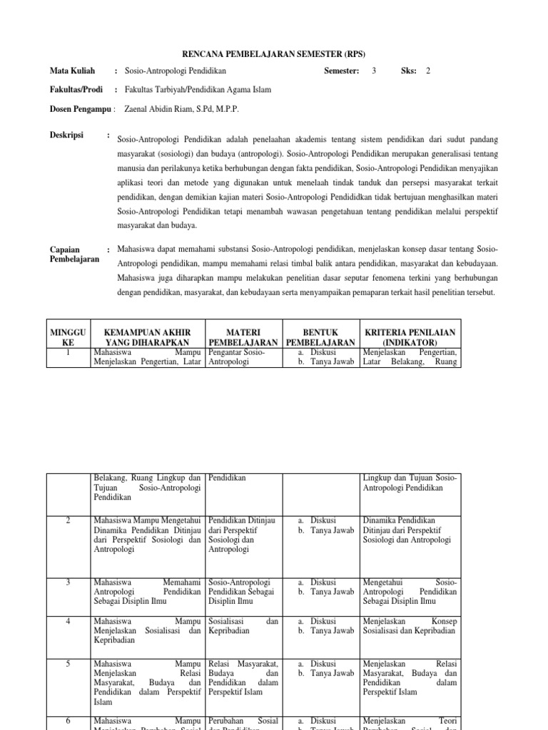 Sosio-Antropologi Pendidikan: RPS Semester 3 | PDF | Ilmu Sosial