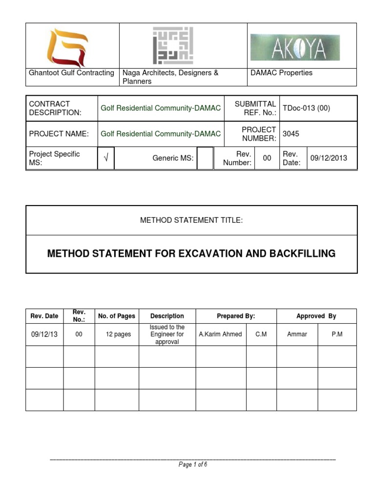 TDoc - 013 - METHOD STATEMENT FOR EXCAVATION AND BACKFILLING | PDF