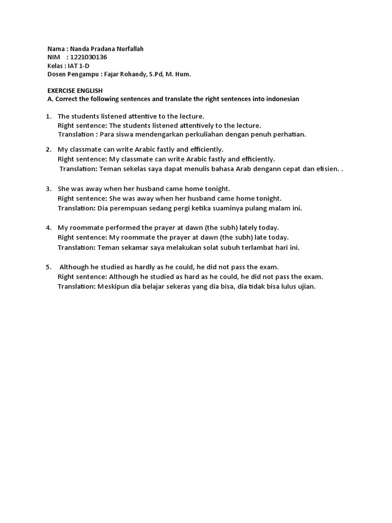 Exercise English Nanda Pradana Nurfallah | PDF