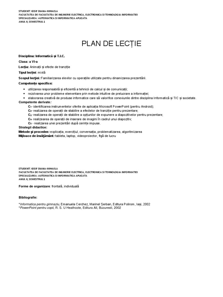 Iosif Diana Mihaela - PLAN DE LECTIE | PDF