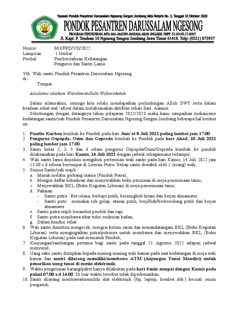 Pemberitahuan - Kedatangan Santri Lama 8 Juli 2022 | PDF