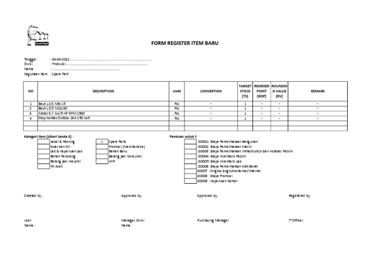 Form Register Item Baru | PDF