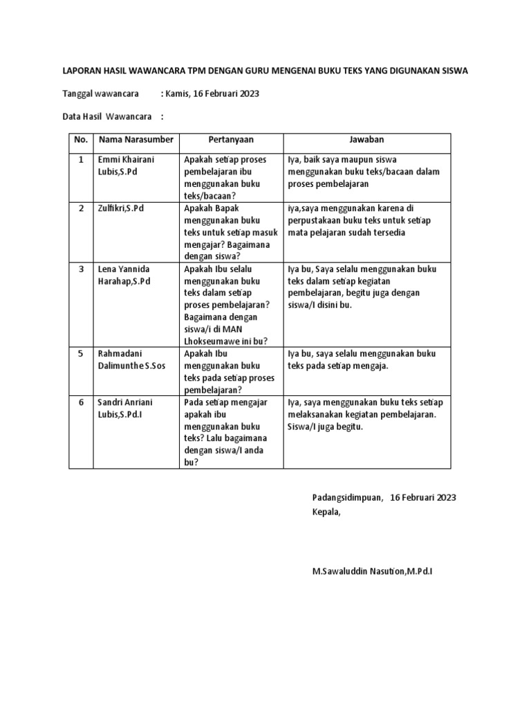 Laporan Hasil Wawancara TPM Dengan Guru | PDF