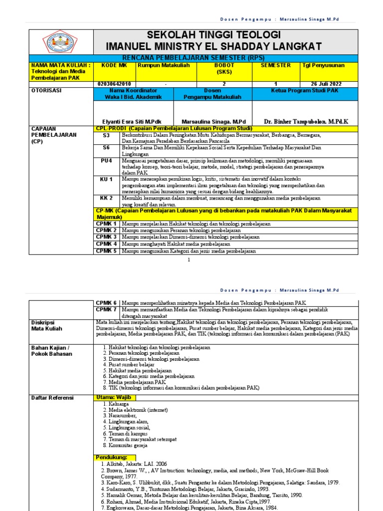 RPS Teknologi Media Pembelajaran PAK | PDF