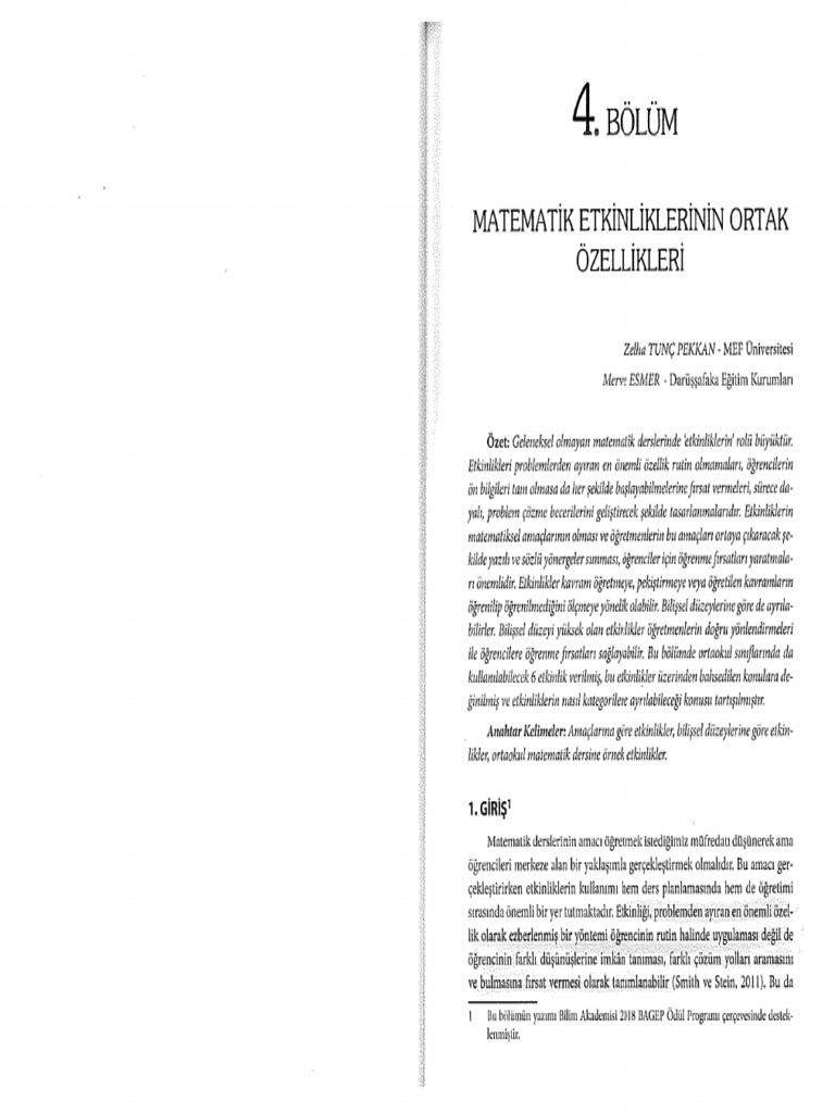 Matematik Etkinliklerinin Ortak Özellikleri | PDF