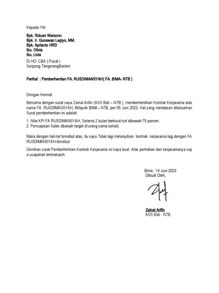 Surat Pemberhentian Kontrak Kerja (PHK) Fa Rusdimansyah | PDF