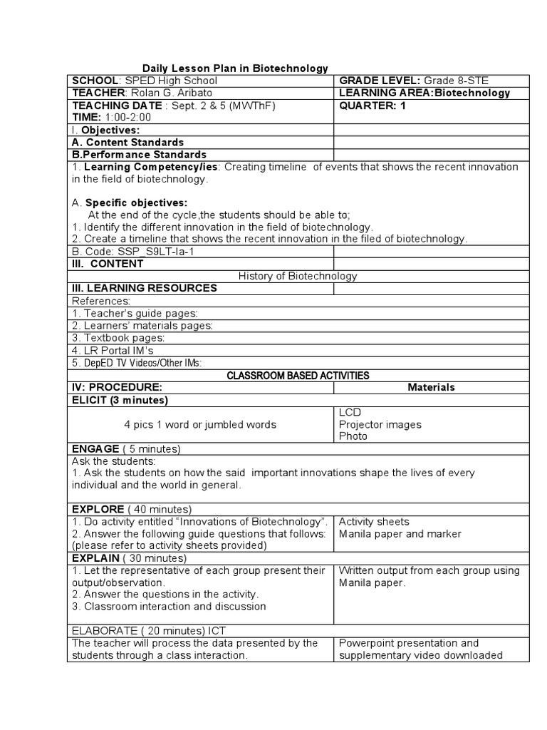 Grade 8 Biotechnology Lesson Plan | PDF | Teachers | Educational Technology