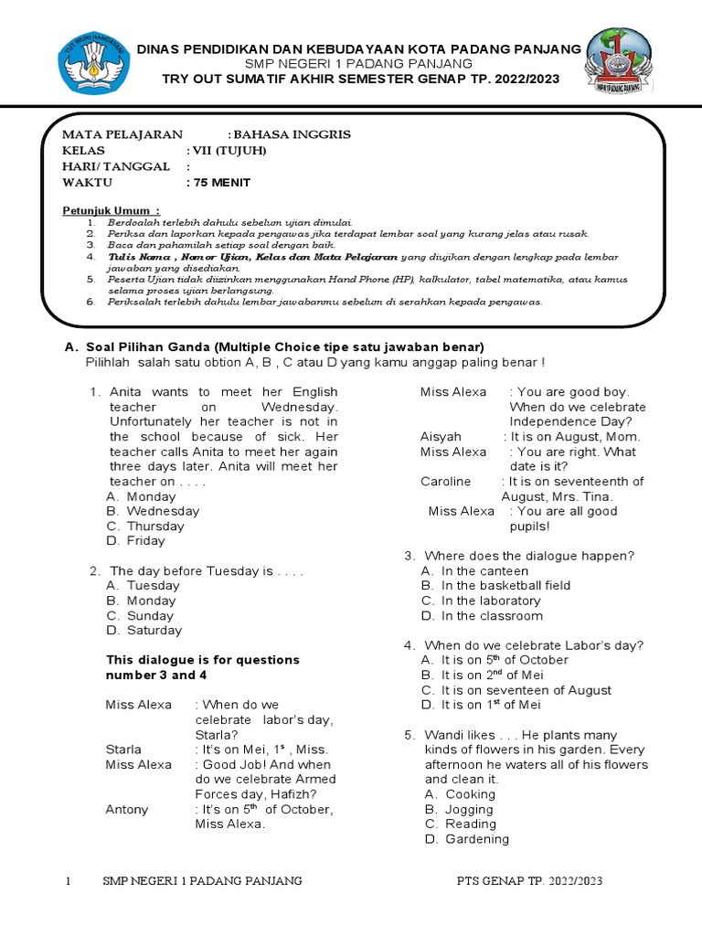 SOAL TRY OUT SAS BING kelas 7 | PDF