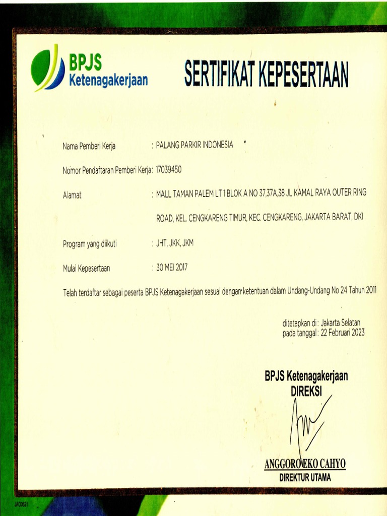 Sertifikat BPJS Ketenegakerjaan CV PPI 0055 | PDF