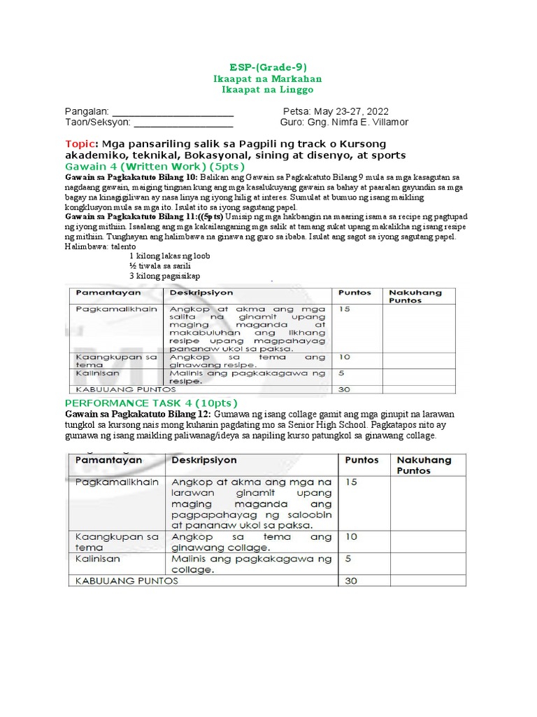 Quarter 4 Week 4 ESP Task | PDF