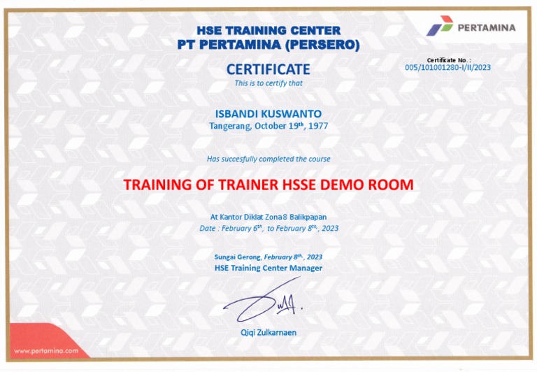 HSSE Training Certificate - Pertamina | PDF