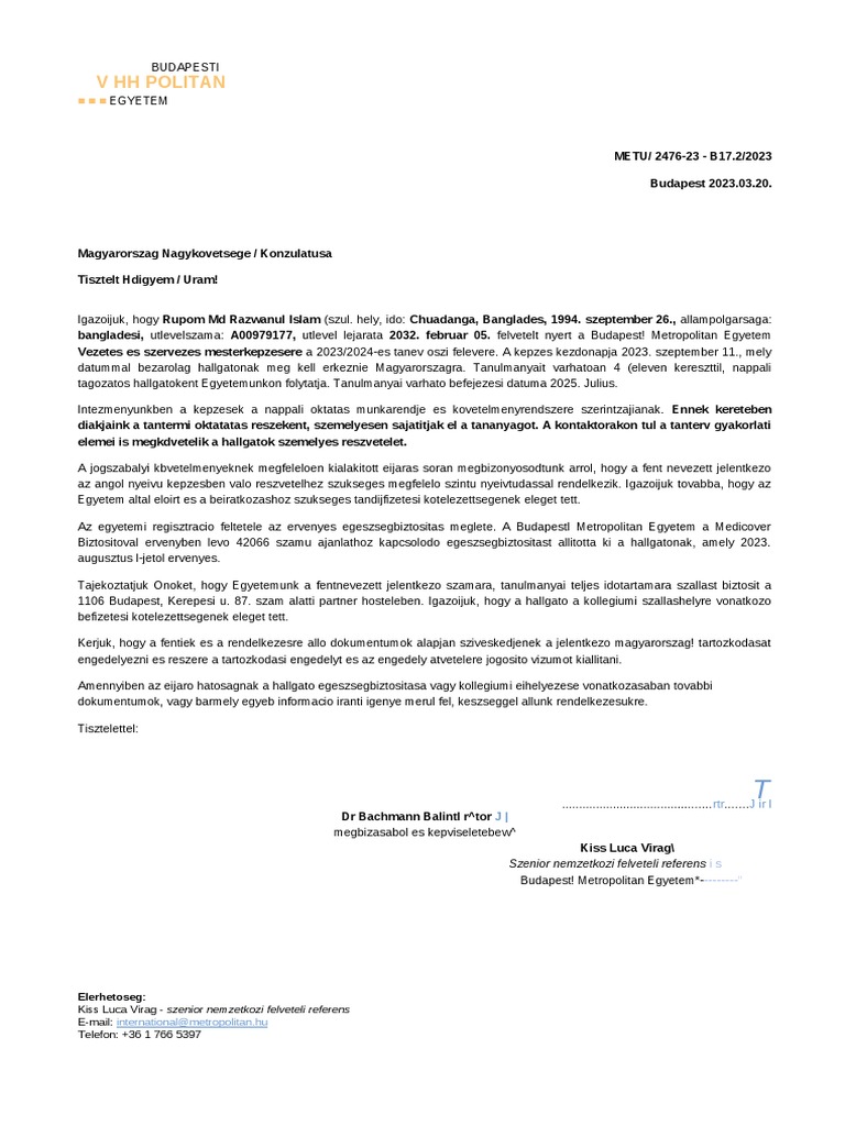 MD Razwanul Islam Rupom - Hungarian Letter of Acce - 230322 - 015253 | PDF