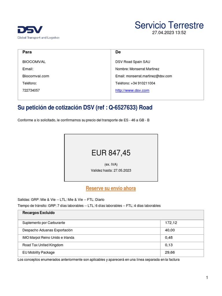 Cotización DSV | PDF