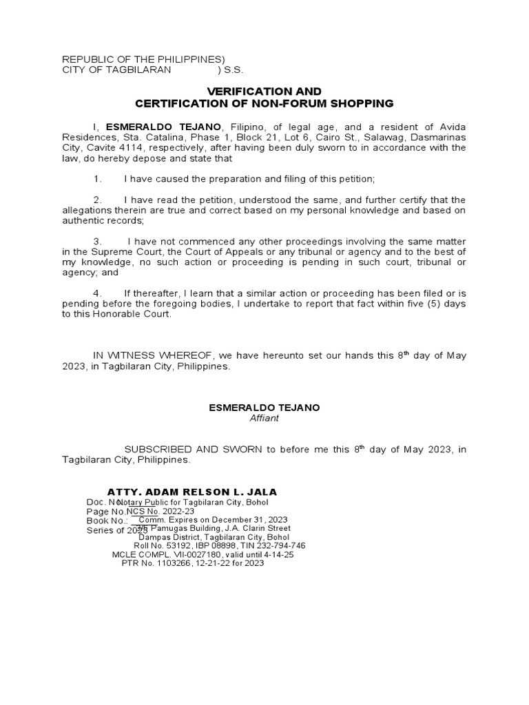 Verification and Certificate of Non-Forum Shopping | PDF