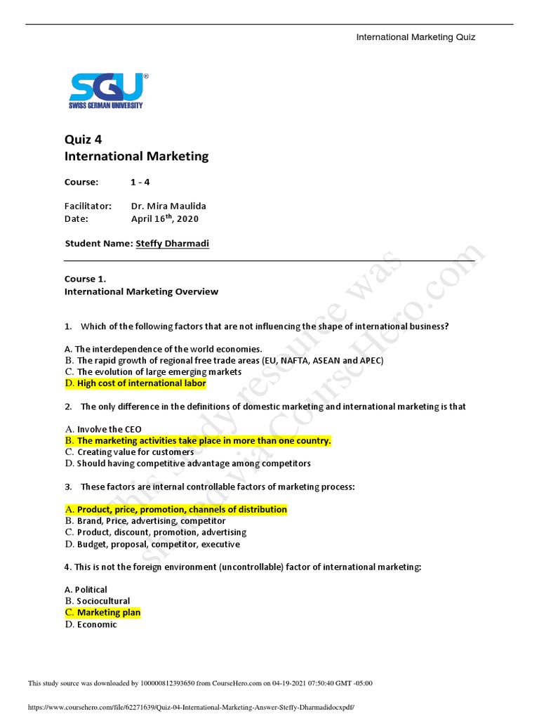 Quiz 04 International Marketing Answer Steffy Dharmadi | PDF ...